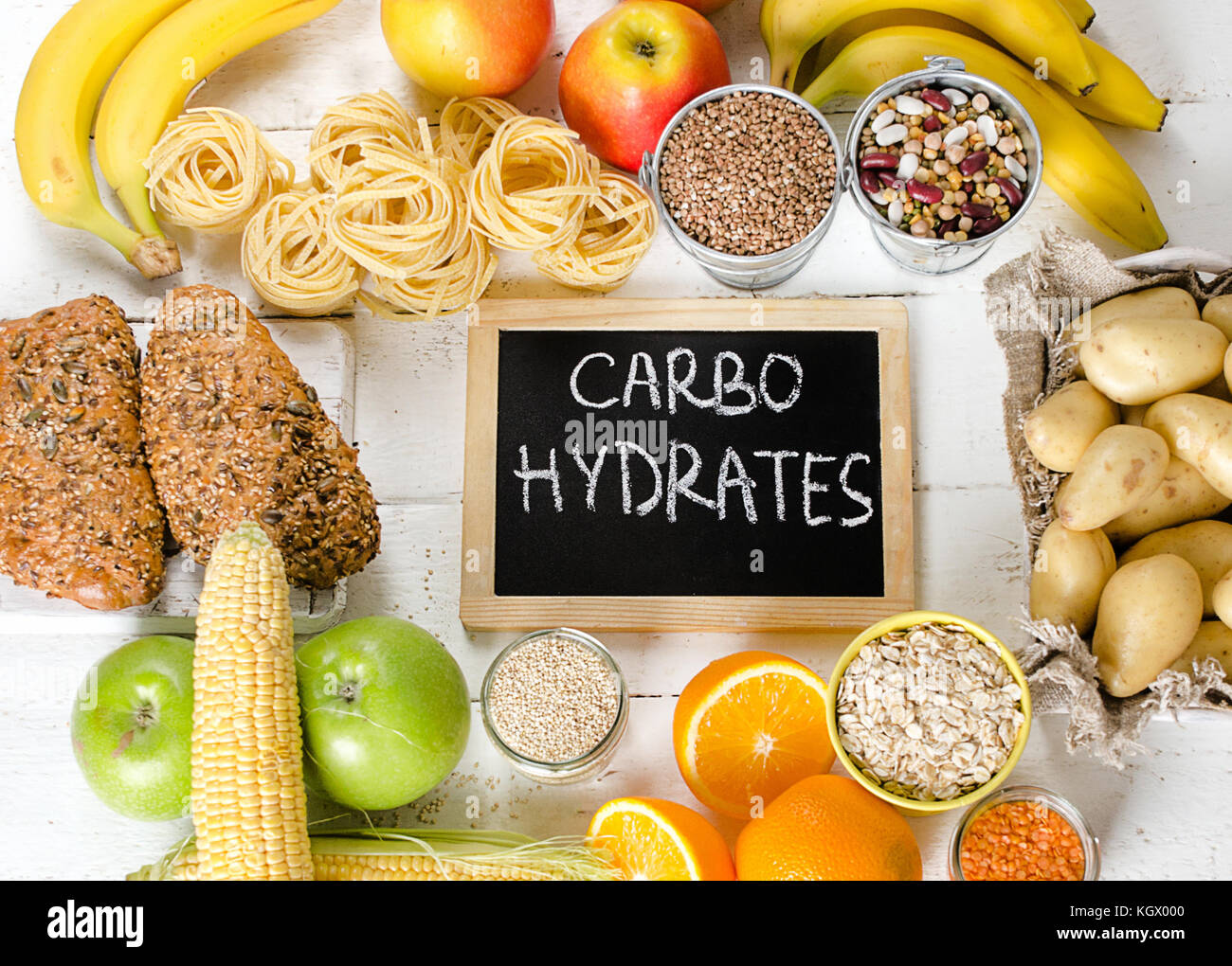 Foods Highest in Carbohydrates. Healthy diet concept. Top view Stock ...