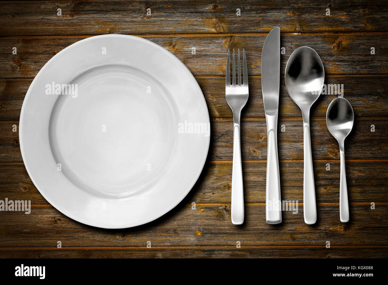Cutlery set with fork, knife, spoon and plate. Overhead view Stock ...