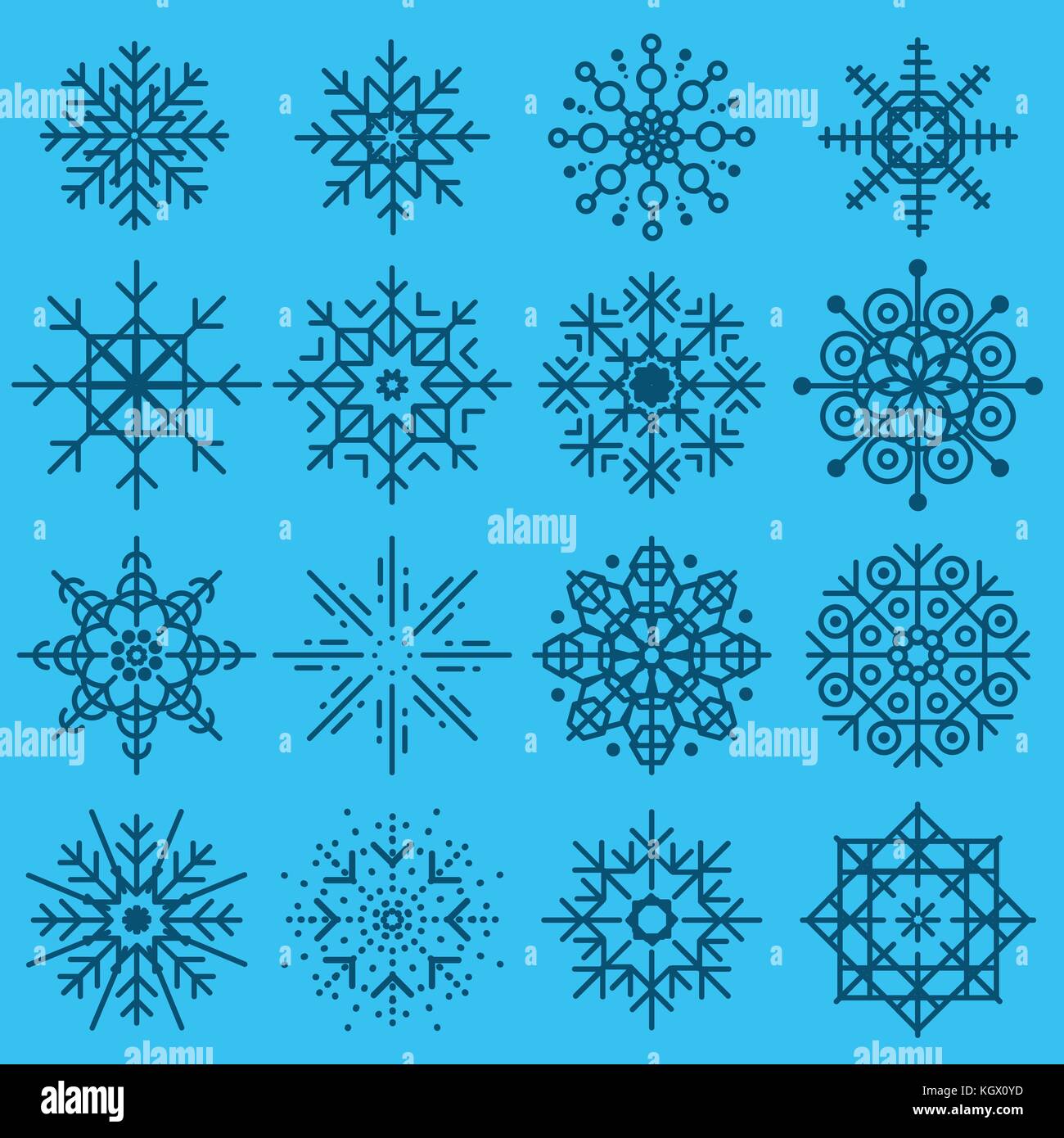White snowflakes big set of different variations on azure background ...