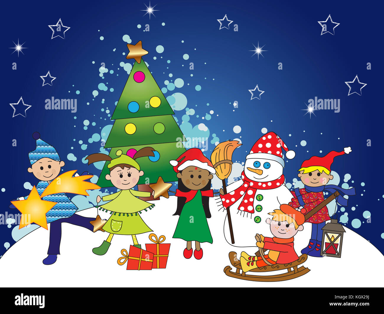 christmas scene with happy children and christmas tree Stock Photo - Alamy