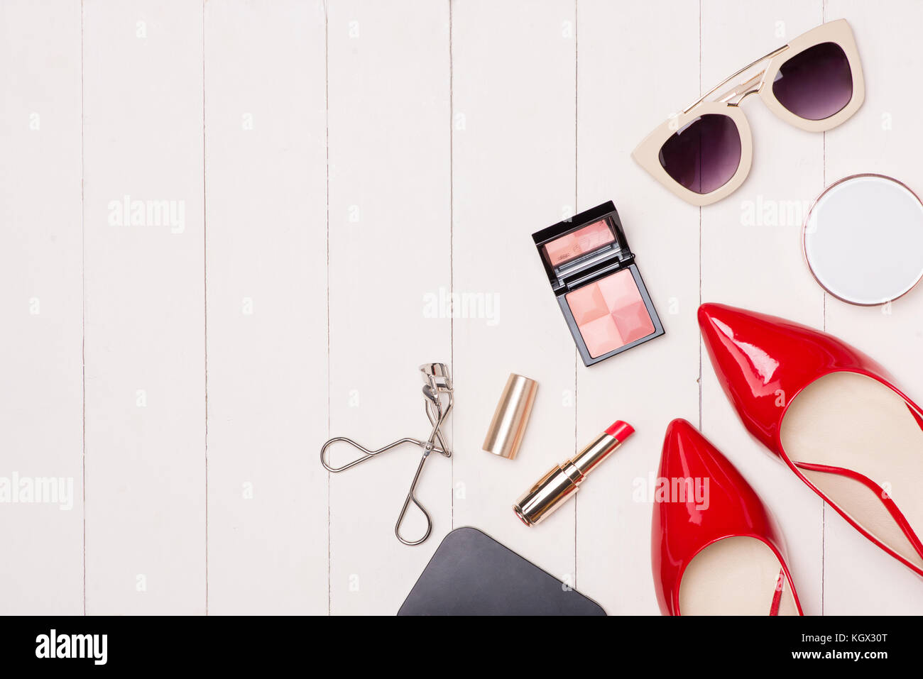 Top view of cosmetics and female accessories. Woman Essentials Stock ...