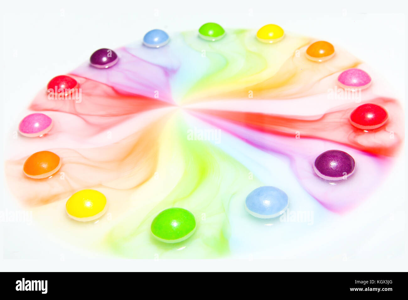 The candies are dissolving in the water and are making a colorful show ...