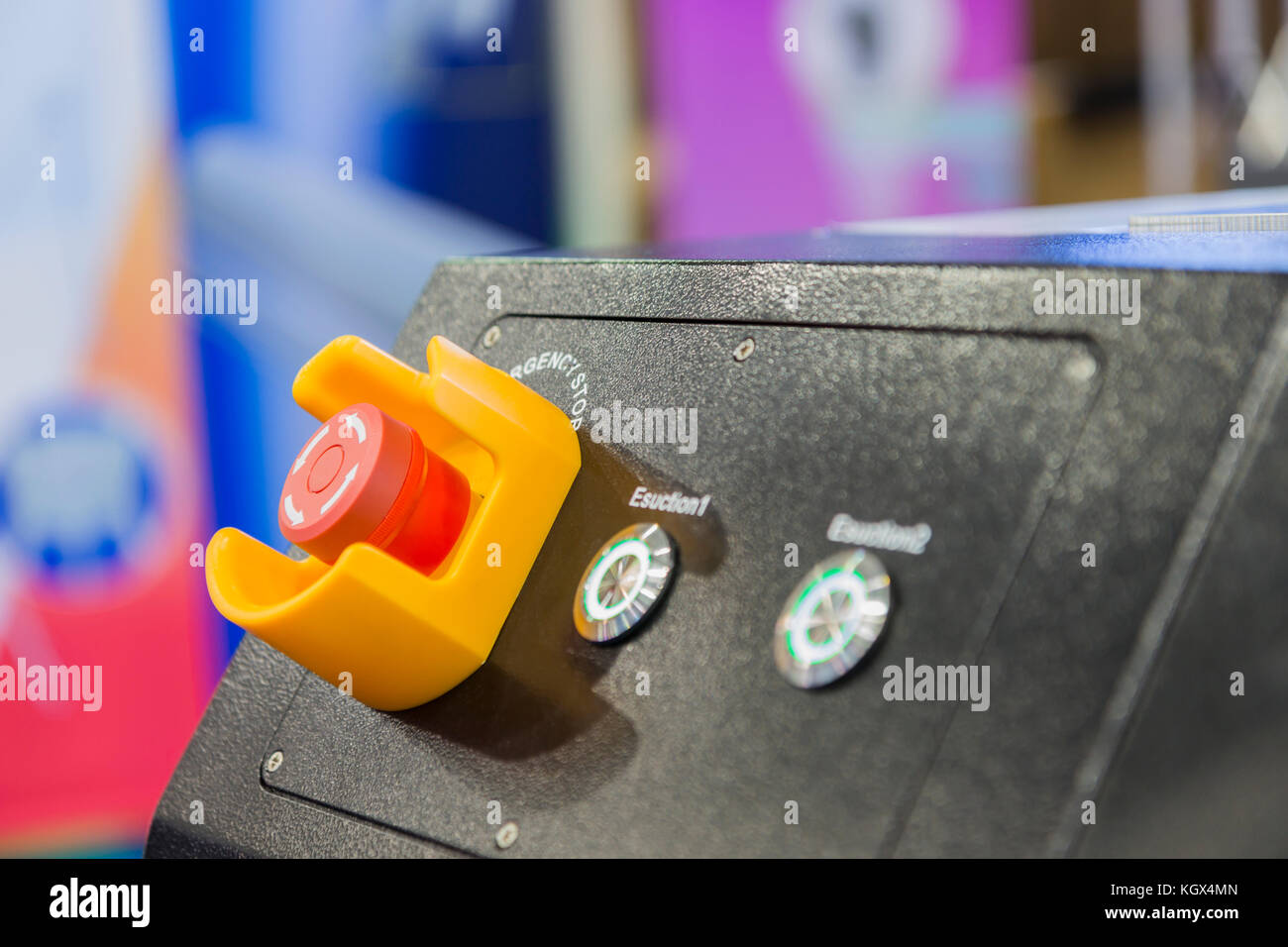 Control panel of a machine ; emergency stop ; close up Stock Photo - Alamy
