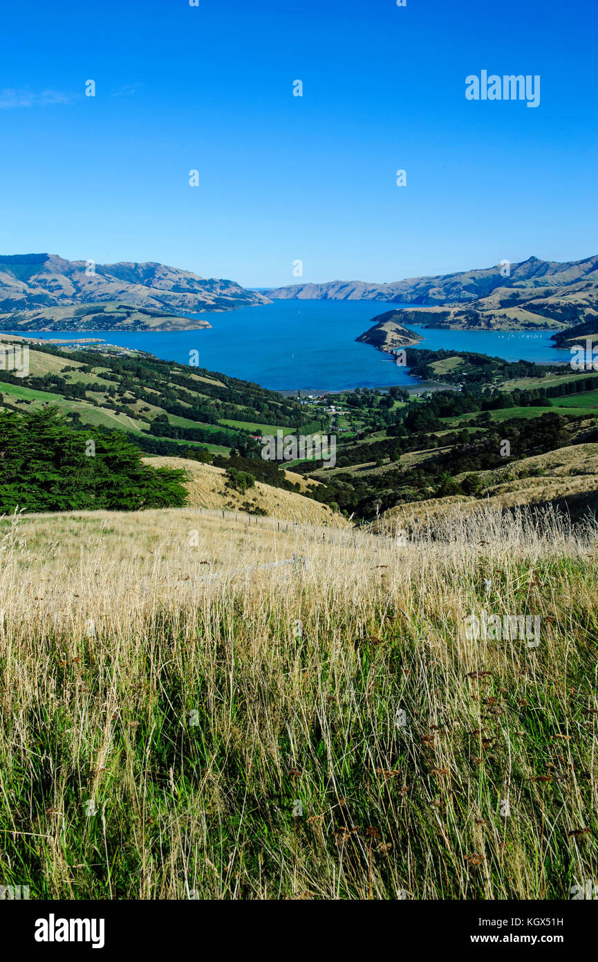 Beautiful scenery around Akaroa harbour, Banks Peninsula, South Island ...