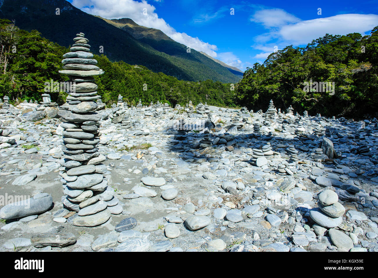 Man made stone pyramids at the Blue Pools, Haast Pass, South Island ...