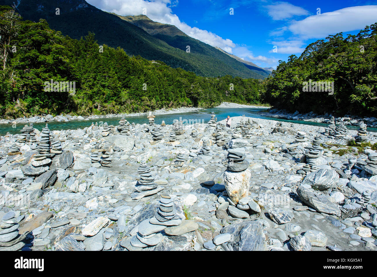 Man made stone pyramids at the Blue Pools, Haast Pass, South Island ...