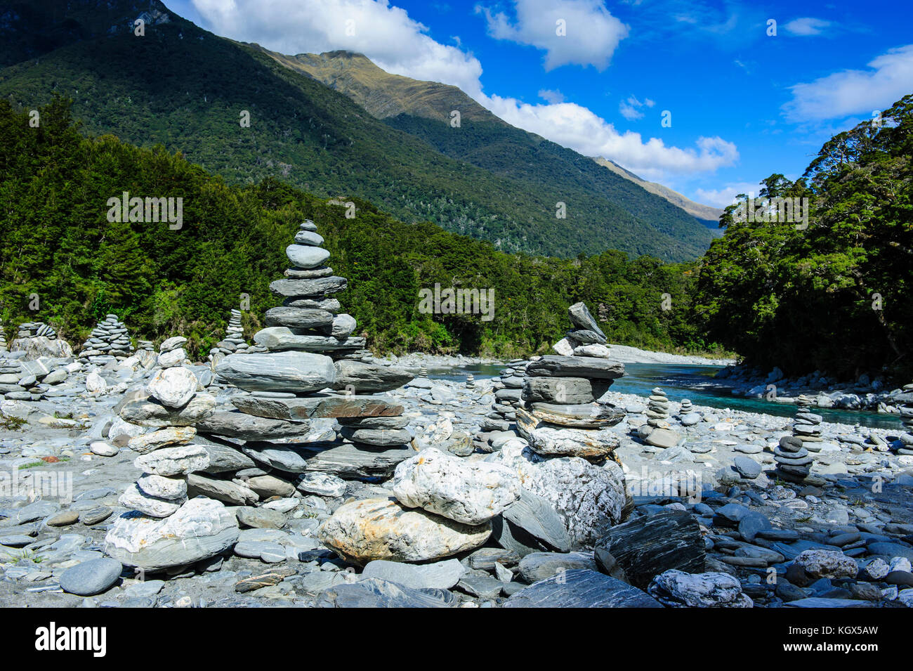 Man made stone pyramids at the Blue Pools, Haast Pass, South Island ...