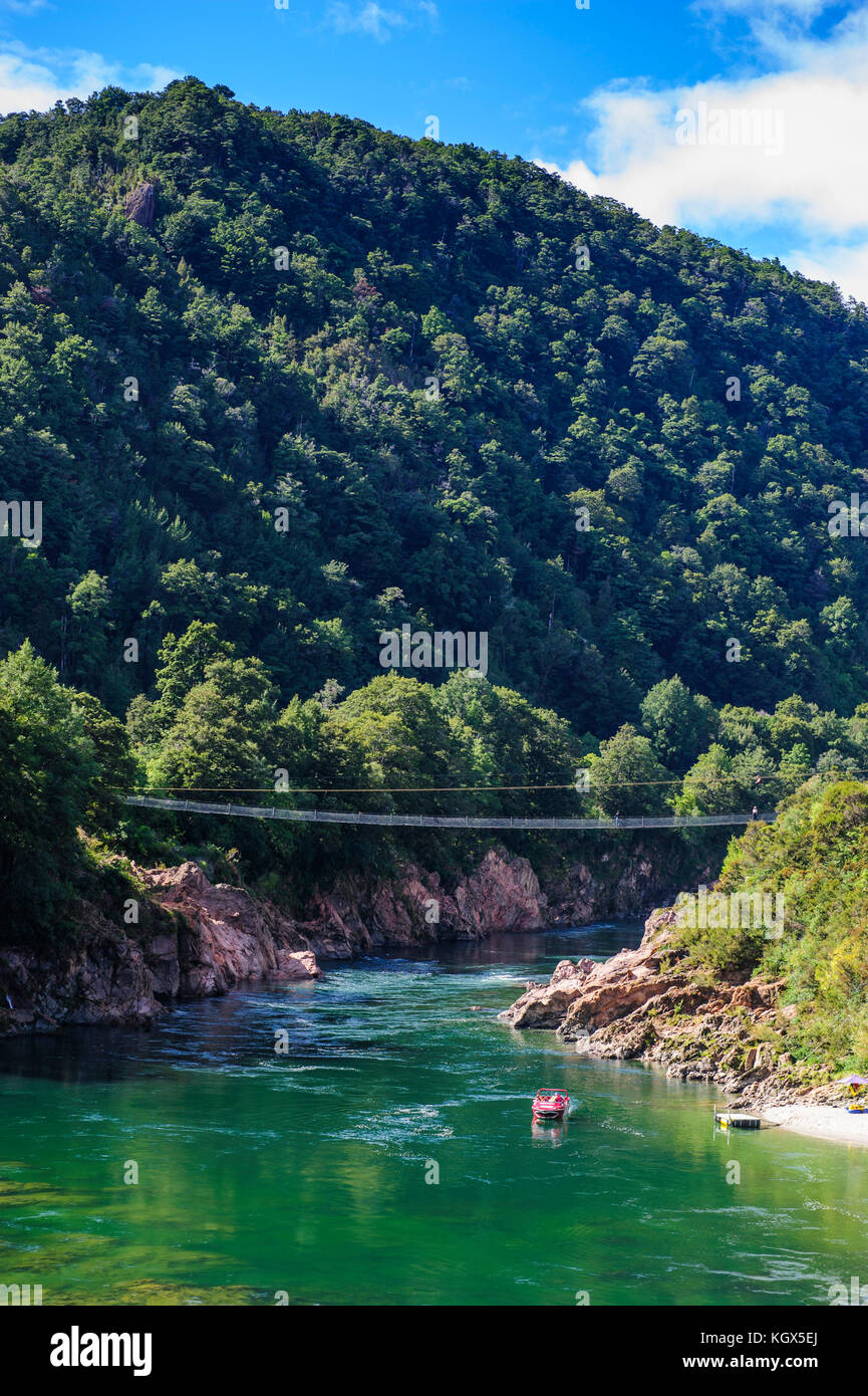 Long hanging bridge over the Buller Gorge, South Island, New Zealand ...