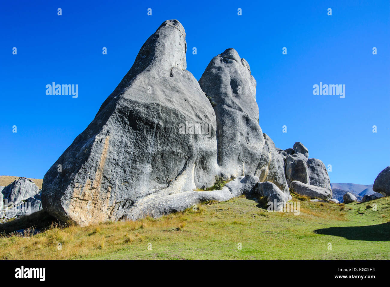 Limestone outcrops on Castle Hill, South Island, New Zealand Stock ...