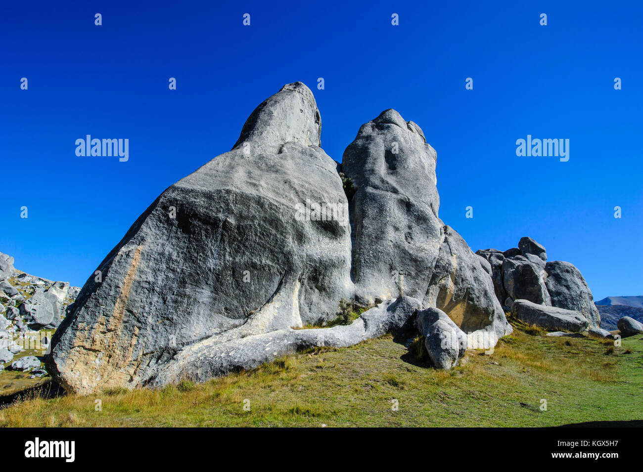 Limestone outcrops on Castle Hill, South Island, New Zealand Stock ...