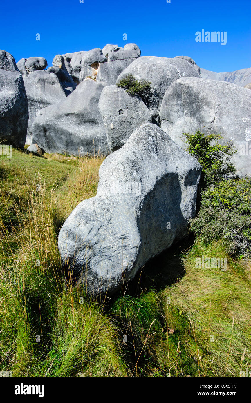 Limestone outcrops on Castle Hill, South Island, New Zealand Stock ...