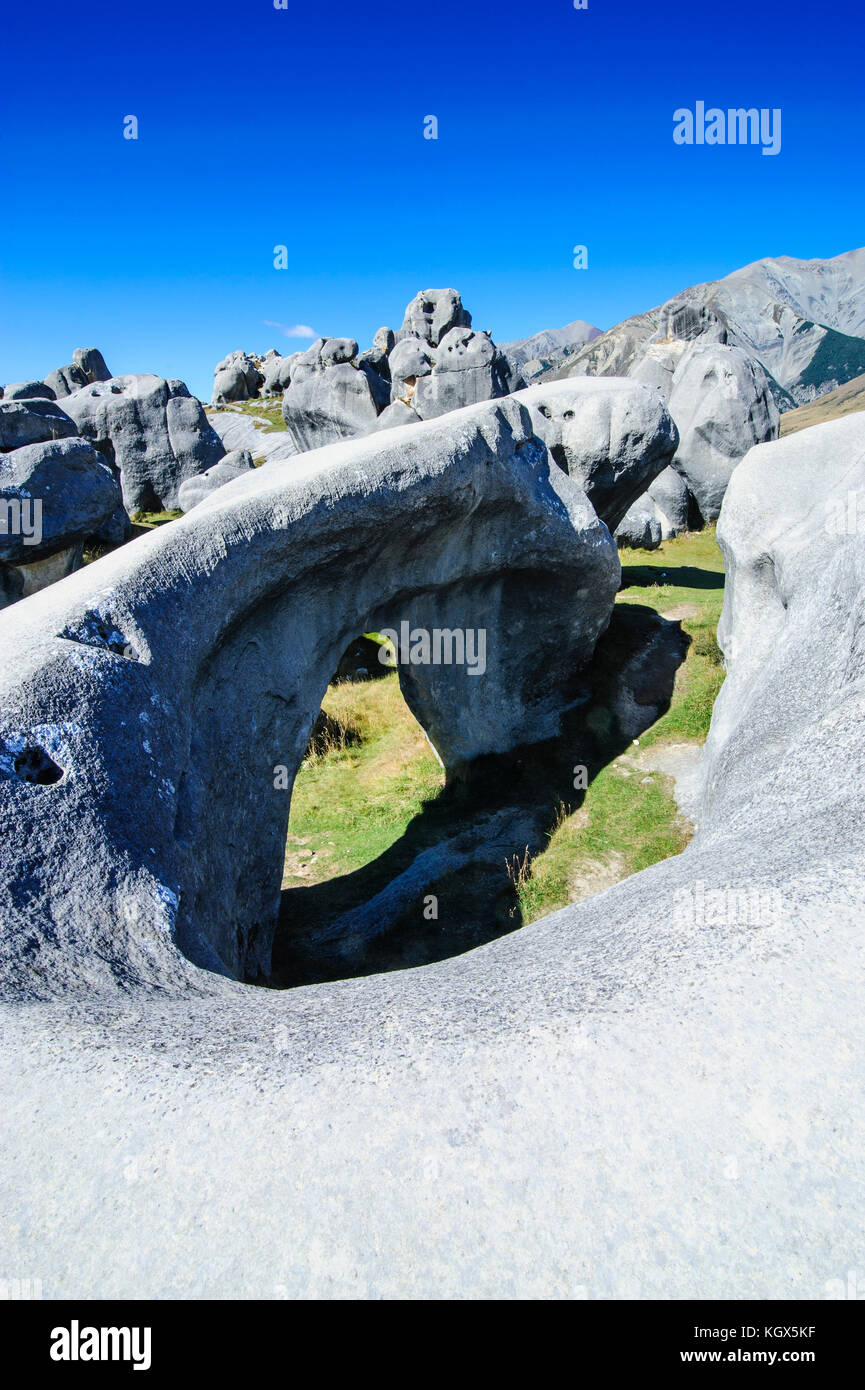 Limestone outcrops on Castle Hill, South Island, New Zealand Stock ...