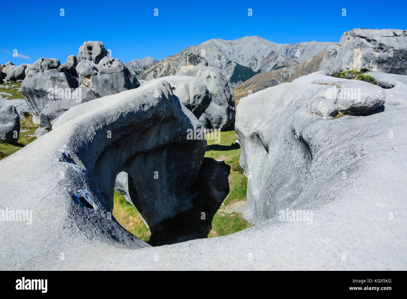 Limestone outcrops on Castle Hill, South Island, New Zealand Stock ...