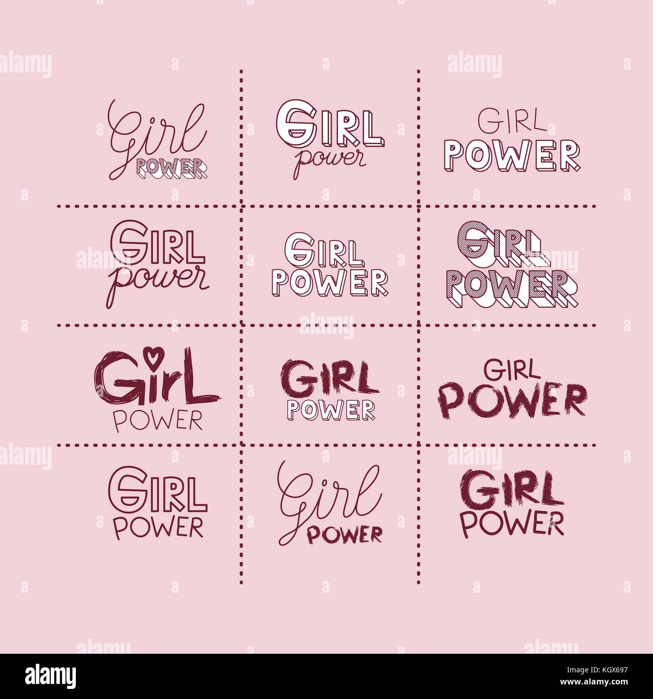 girl power stickers set and text in dark red with pink background Stock ...