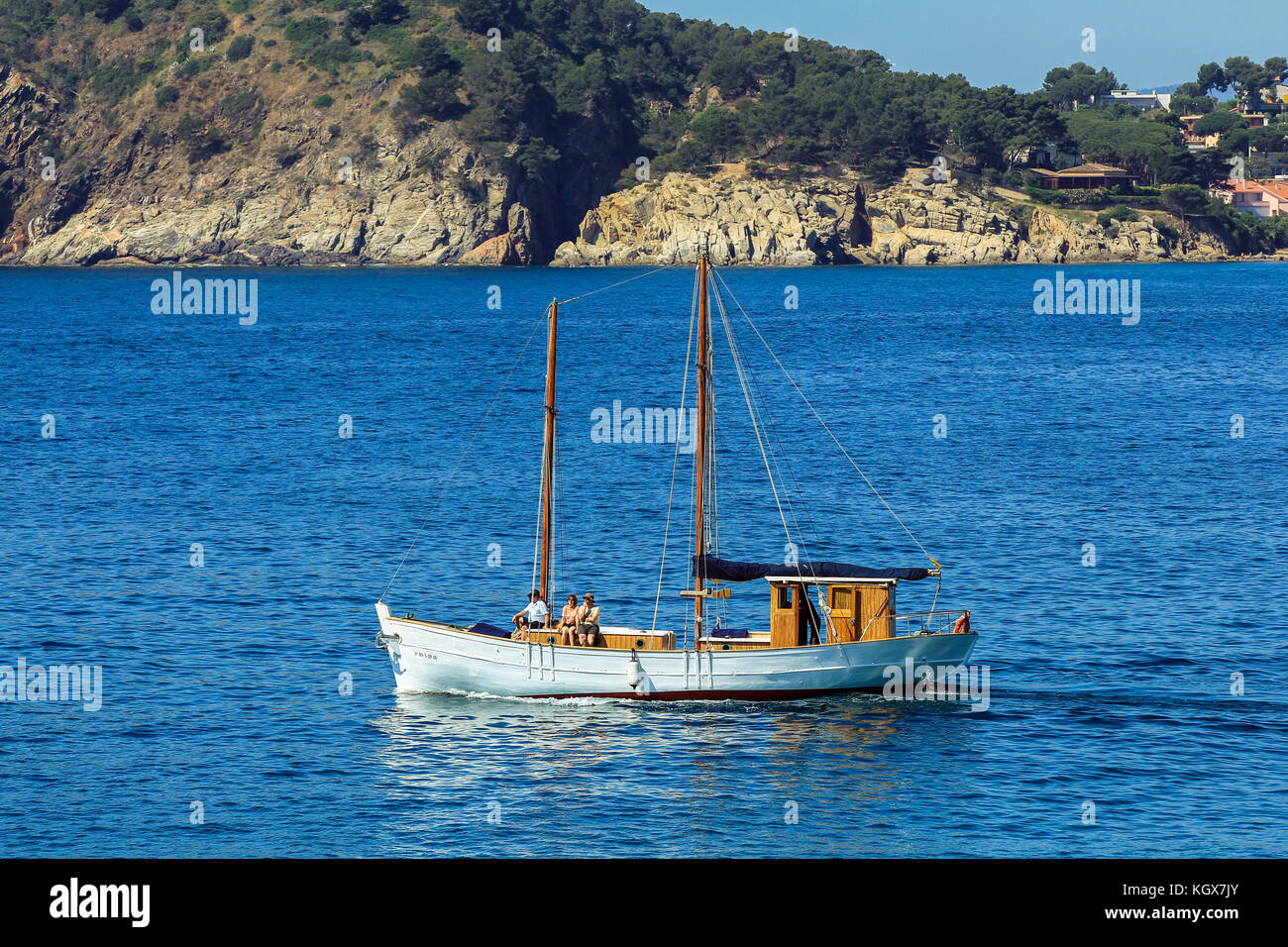 Sailing boat traveling on the Mediterranean sea near Palamos, Costa ...