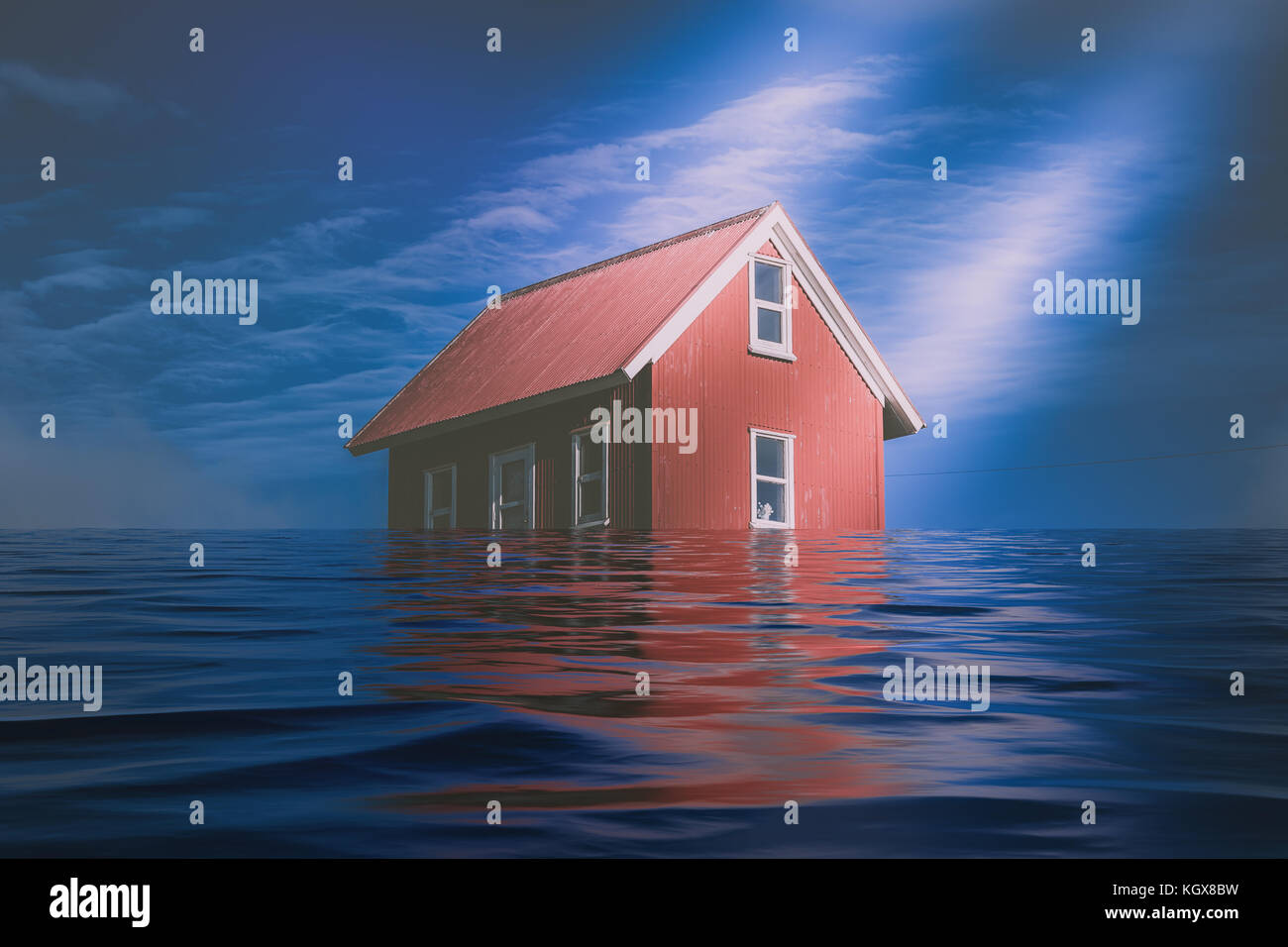 Bright Red Siding House in water flood. Blue sky background Stock Photo ...