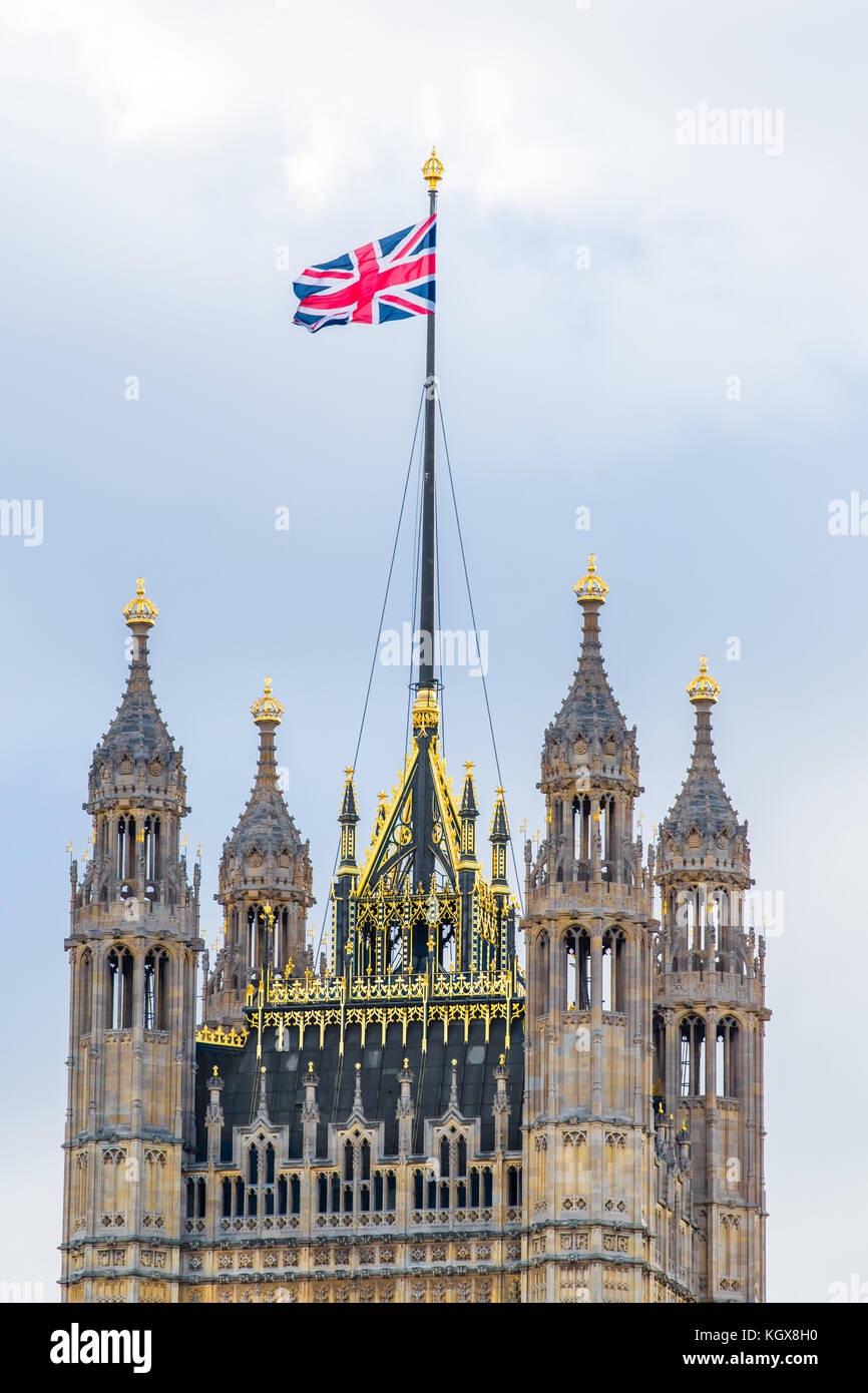 The union jack flag above the Victoria tower at the houses of ...
