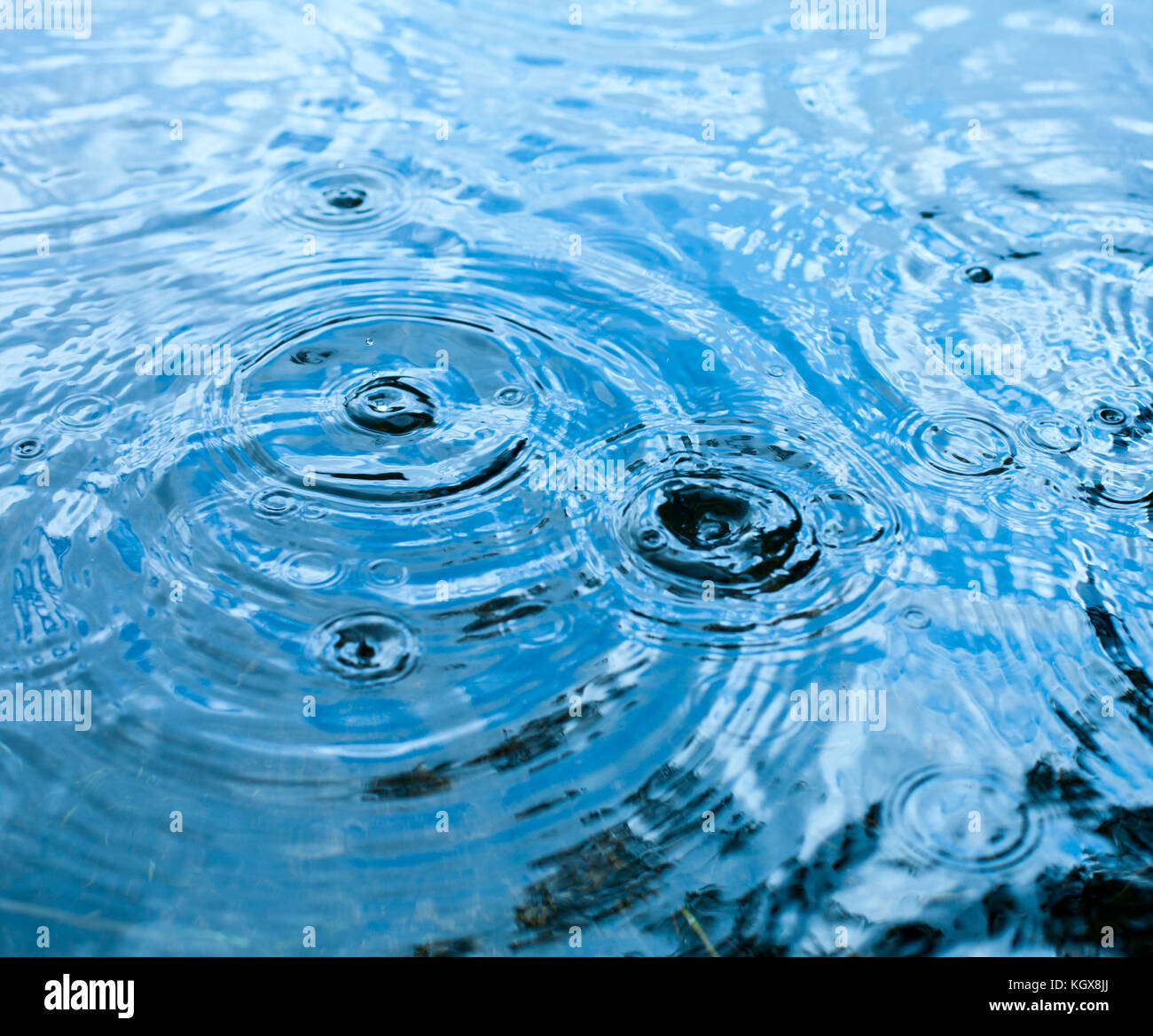 Rain drops rippling in a puddle with blue sky reflection Stock Photo - Alamy
