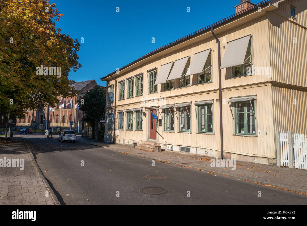 Idyllic small town buildings in Skara. Skara is one of the oldest towns ...