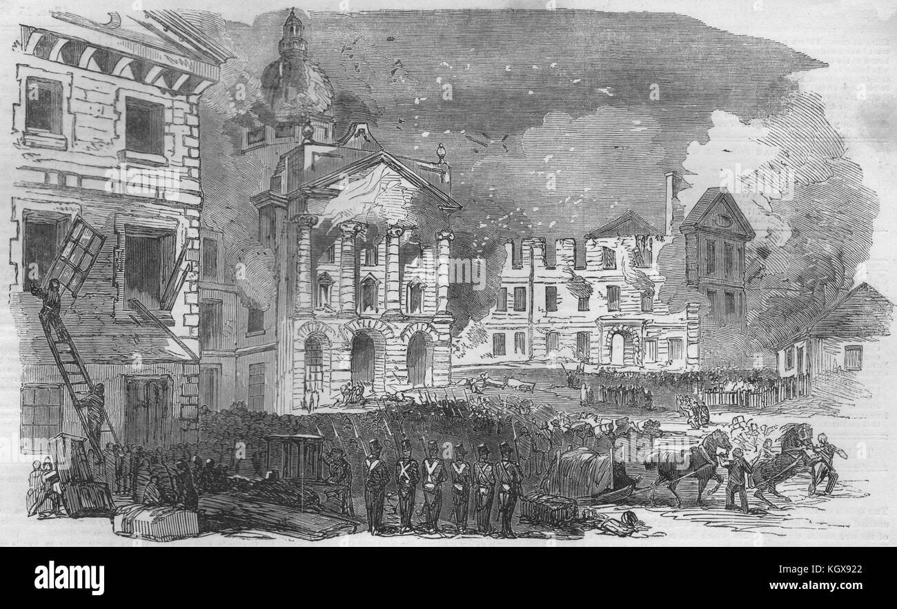 Destruction by fire of the parliament buildings, at Quebec. Canada 1854 ...