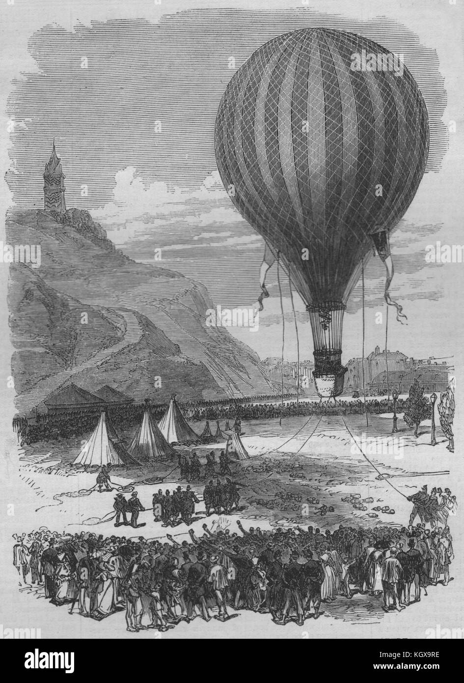 The war defence of Paris - a captive balloon at Montmartre 1870. The ...