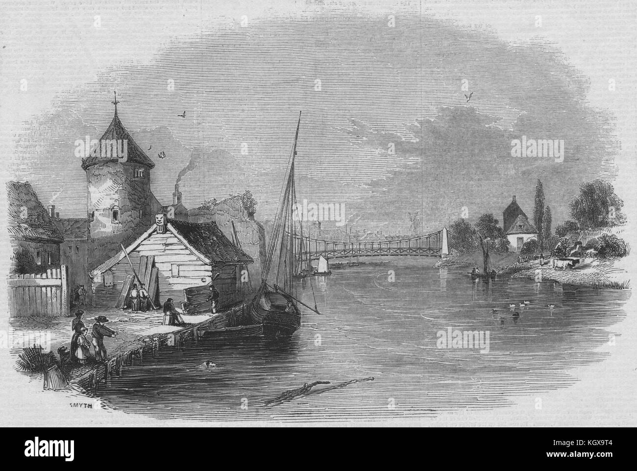 The suspension bridge and river, Great Yarmouth. Norfolk 1845. The ...