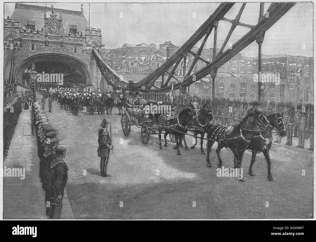 Opening of Tower Bridge. The Royal procession crossing the bridge ...