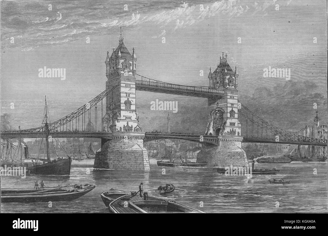 The draw-bridge down the planned new Tower Bridge, London 1885. The ...