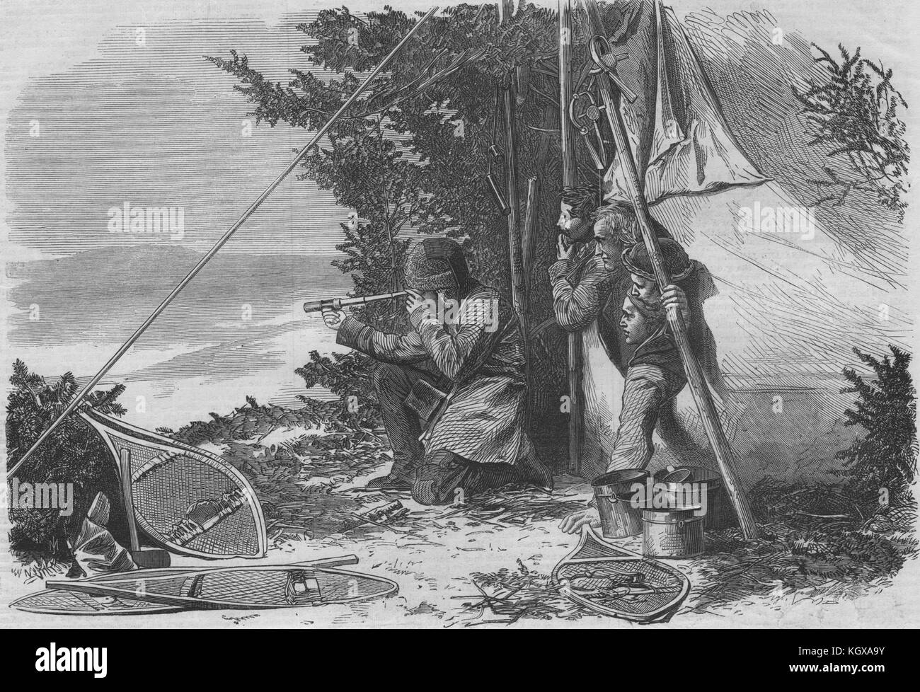 Winter sports in Canada. Moose hunting game in sight. Snowshoes 1868 ...