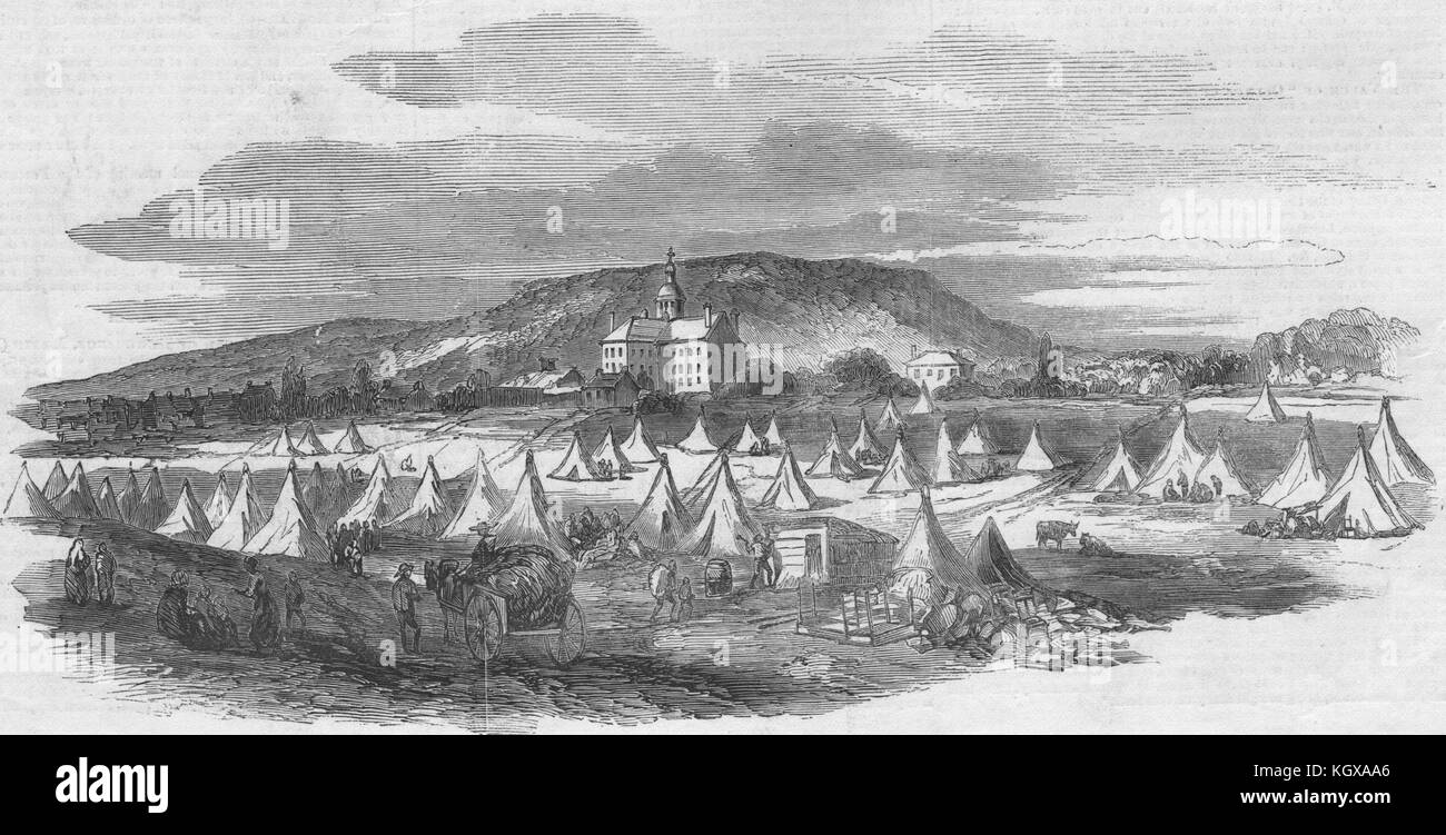 Encampment of sufferers by the great fire at Montreal. Quebec 1852. The ...