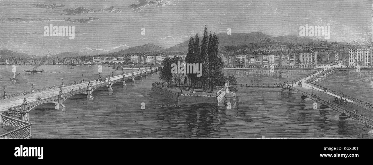 View of Geneva, with Mont Blanc in the distance. Switzerland 1872. The ...