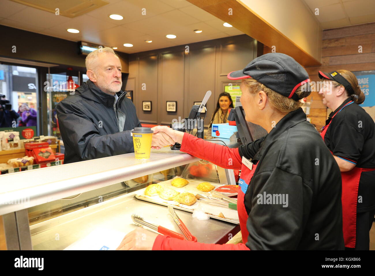 Labour leader Jeremy Corbyn meets staff in Greggs bakery during a visit ...