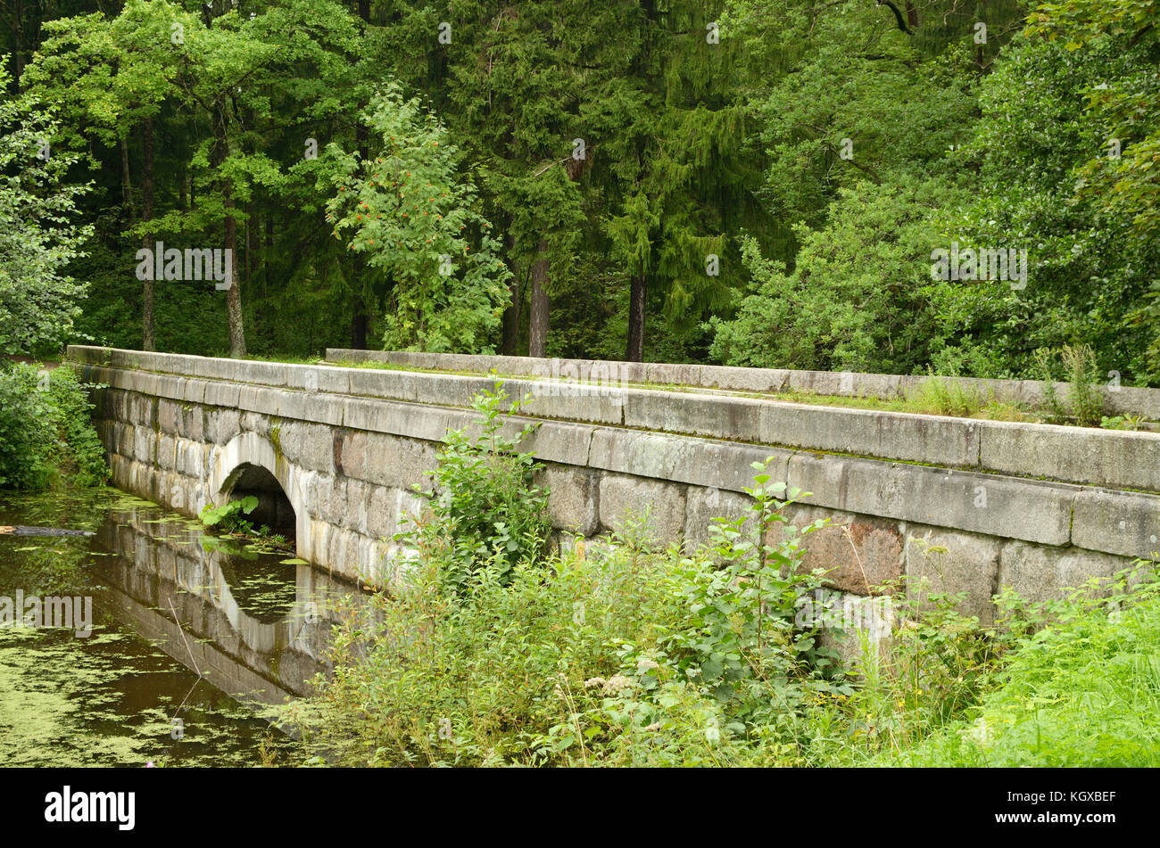 Bridge built of stone is located in forest Park Stock Photo - Alamy
