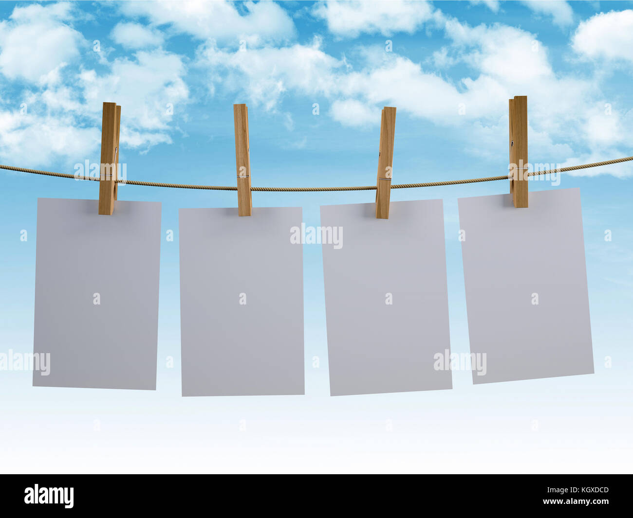 Blank sheets hanging on a clothesline with sky background, 3d ...