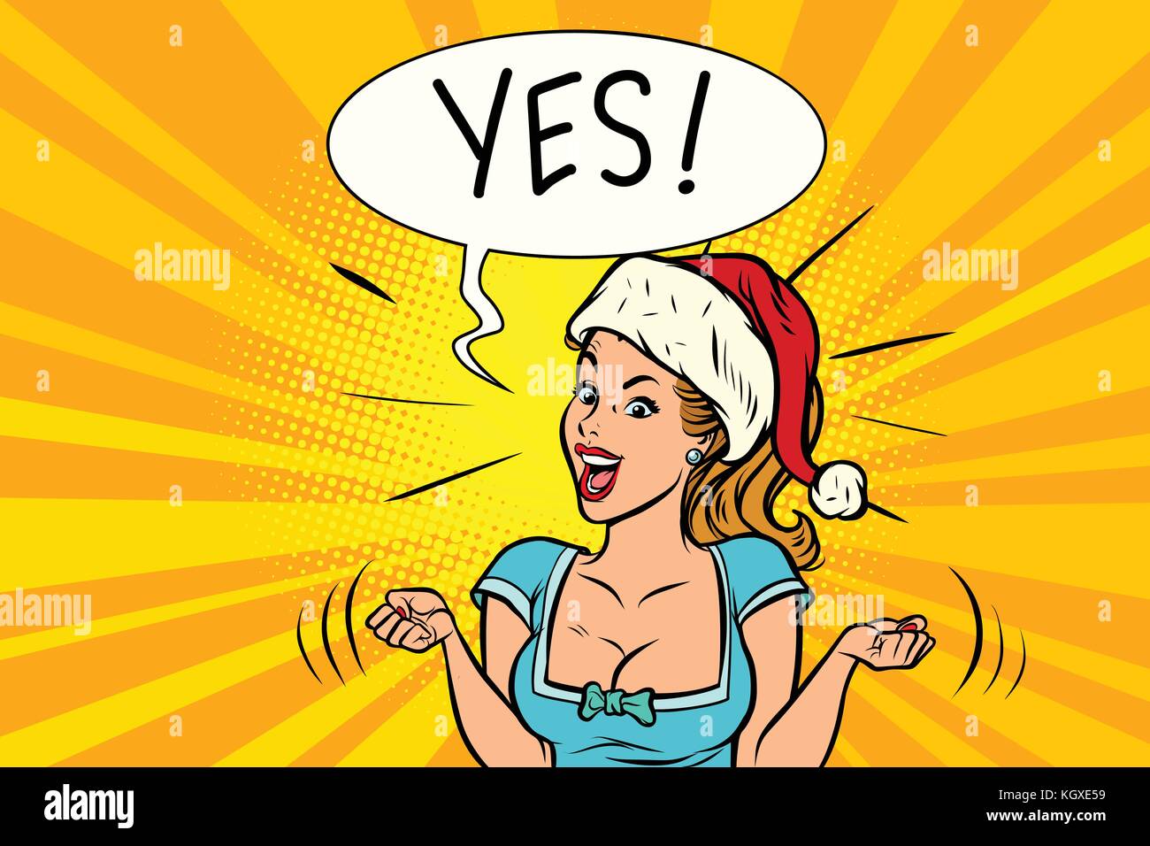 Yes joyful Santa woman. Comic book cartoon pop art retro vector ...