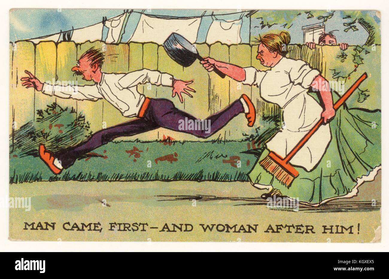 Satirical possibly anti-suffragette fear-mongering propaganda postcard ...