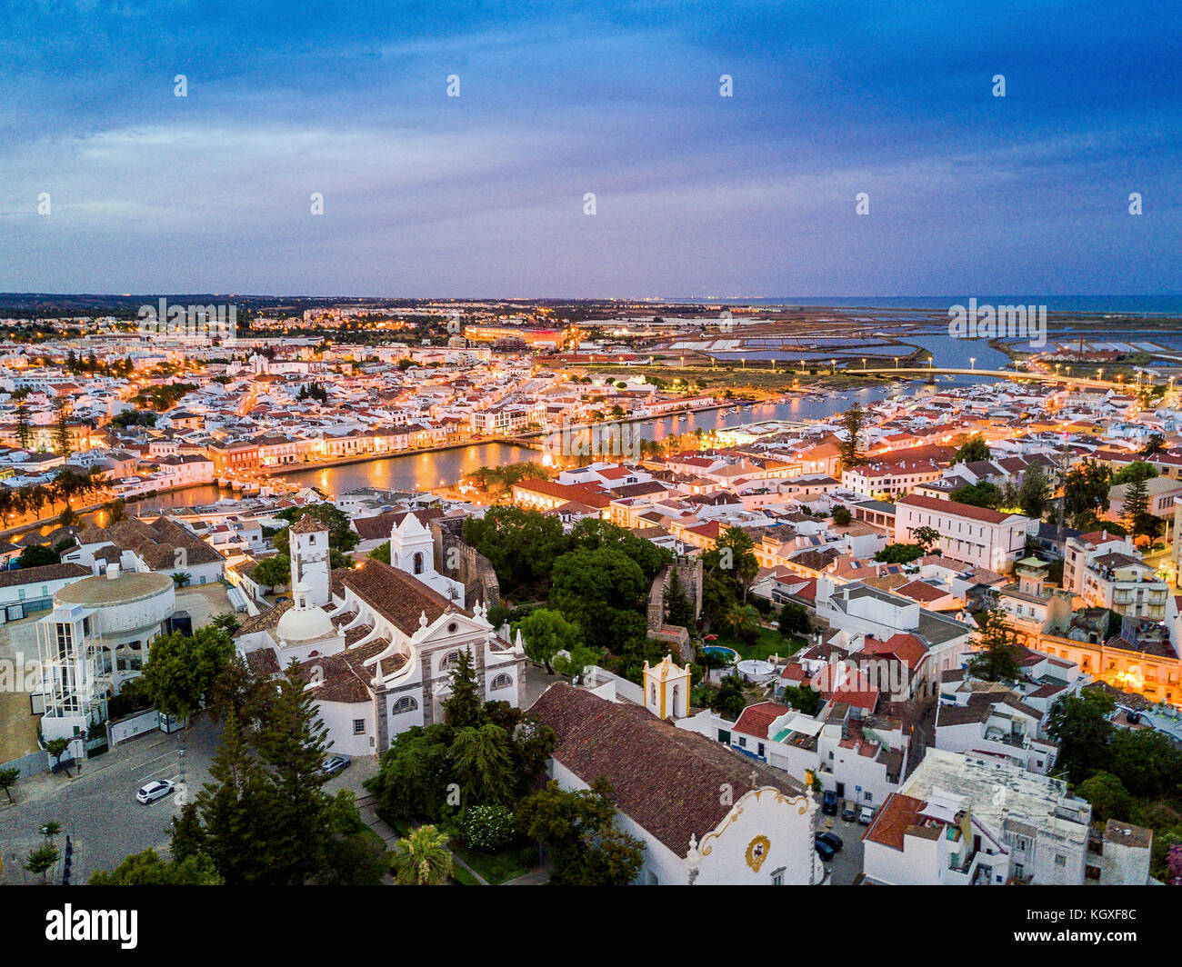 Moorish historic town of Tavira by Gilao river, Algarve, Portugal Stock ...