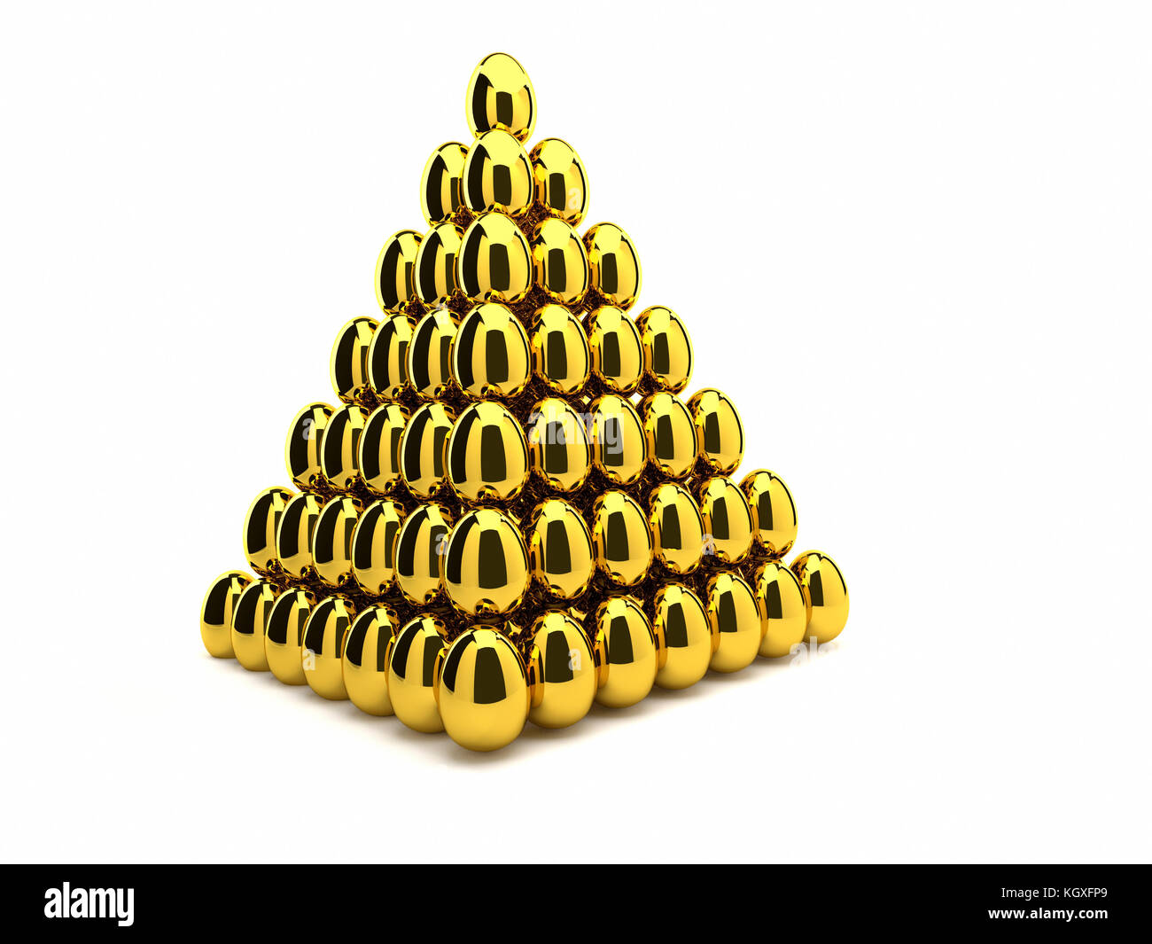 3D rendering of pyramid of shiny golden eggs on white background Stock ...