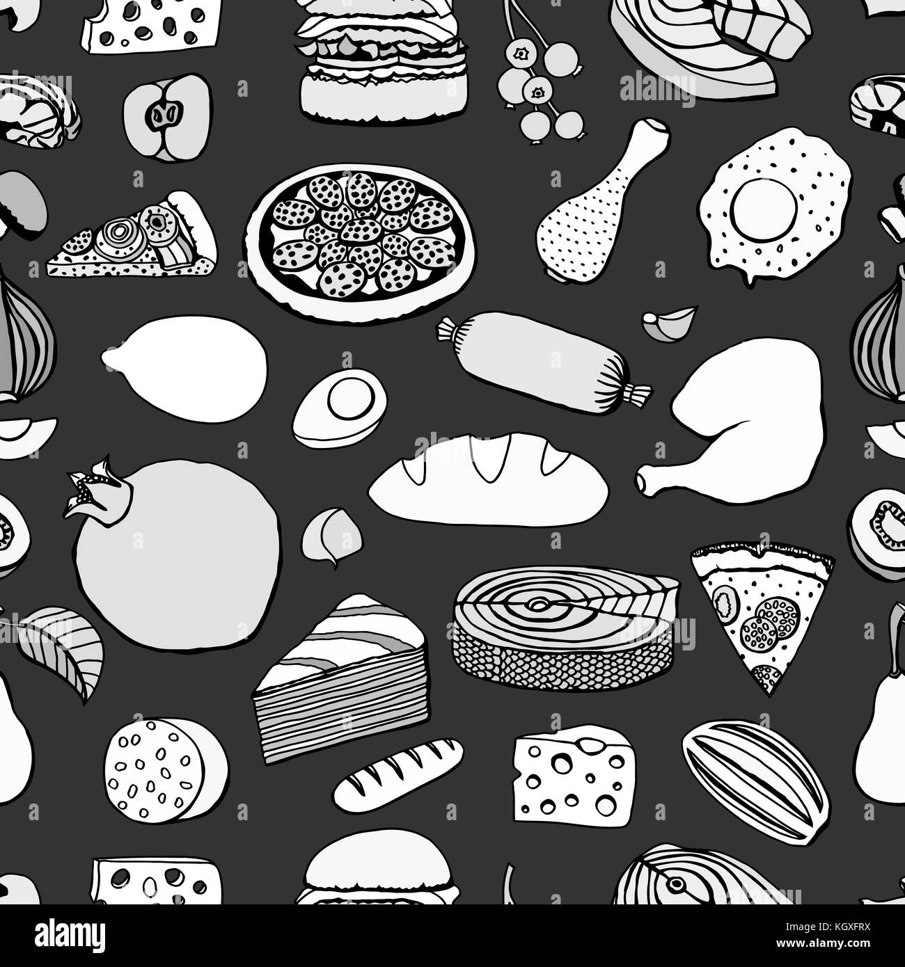 Seamless Monochrome vector hand drawn food cartoon background Stock ...