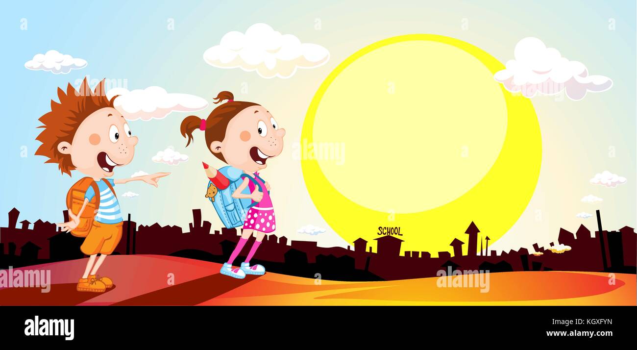 student in the morning go to school - vector illustration town scape ...