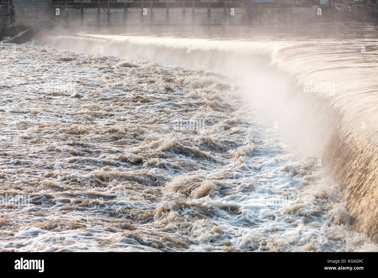 A full-water river after heavy rains and floods. Strong flow, dirty ...