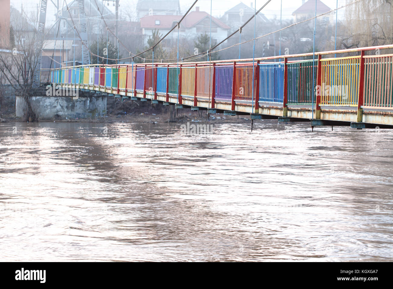 A full-water river after heavy rains and floods. Strong flow, dirty ...
