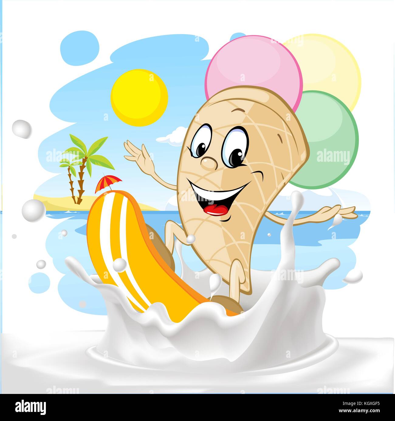 cute ice cream cartoon surfing on milk splash, summer beach background ...