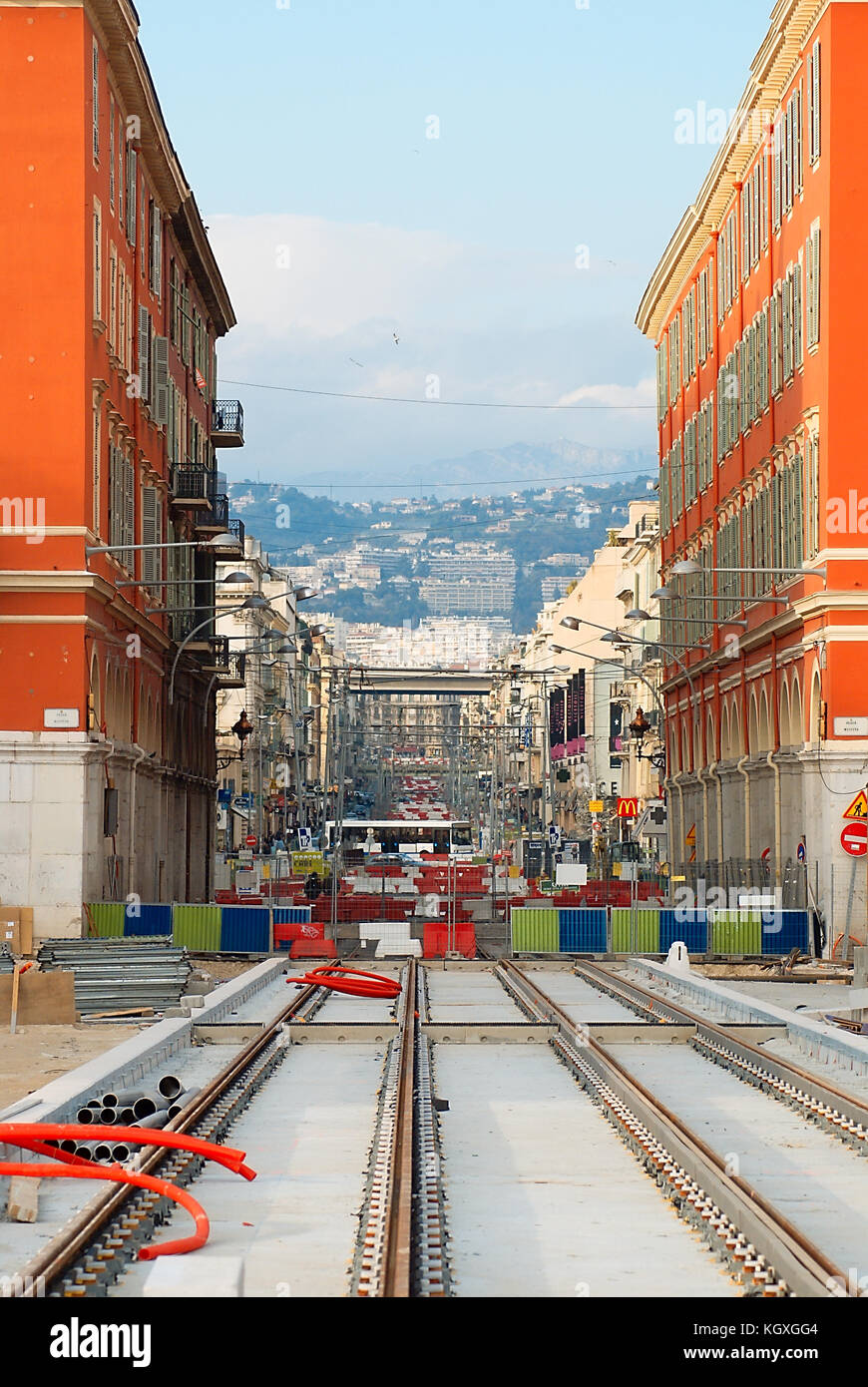 View of the City of Nice from Place Massena during the urban Tram work ...