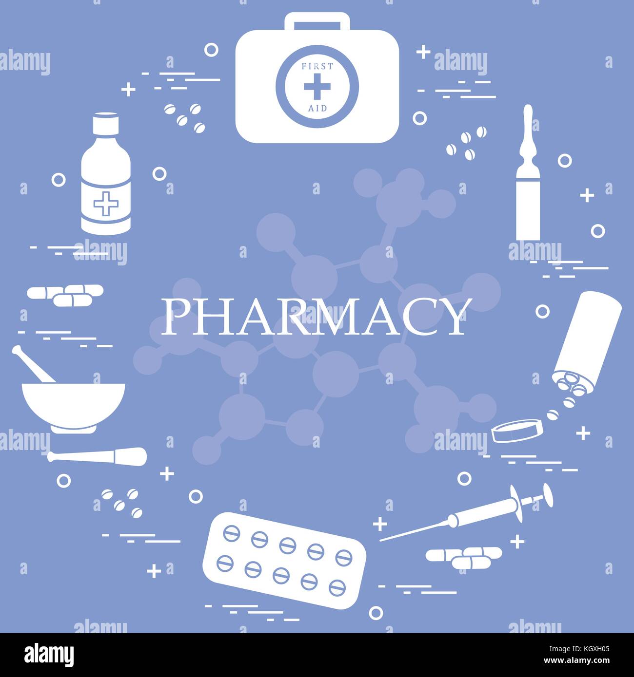 Set of various medical devices and drugs first aid kit arranged in a ...