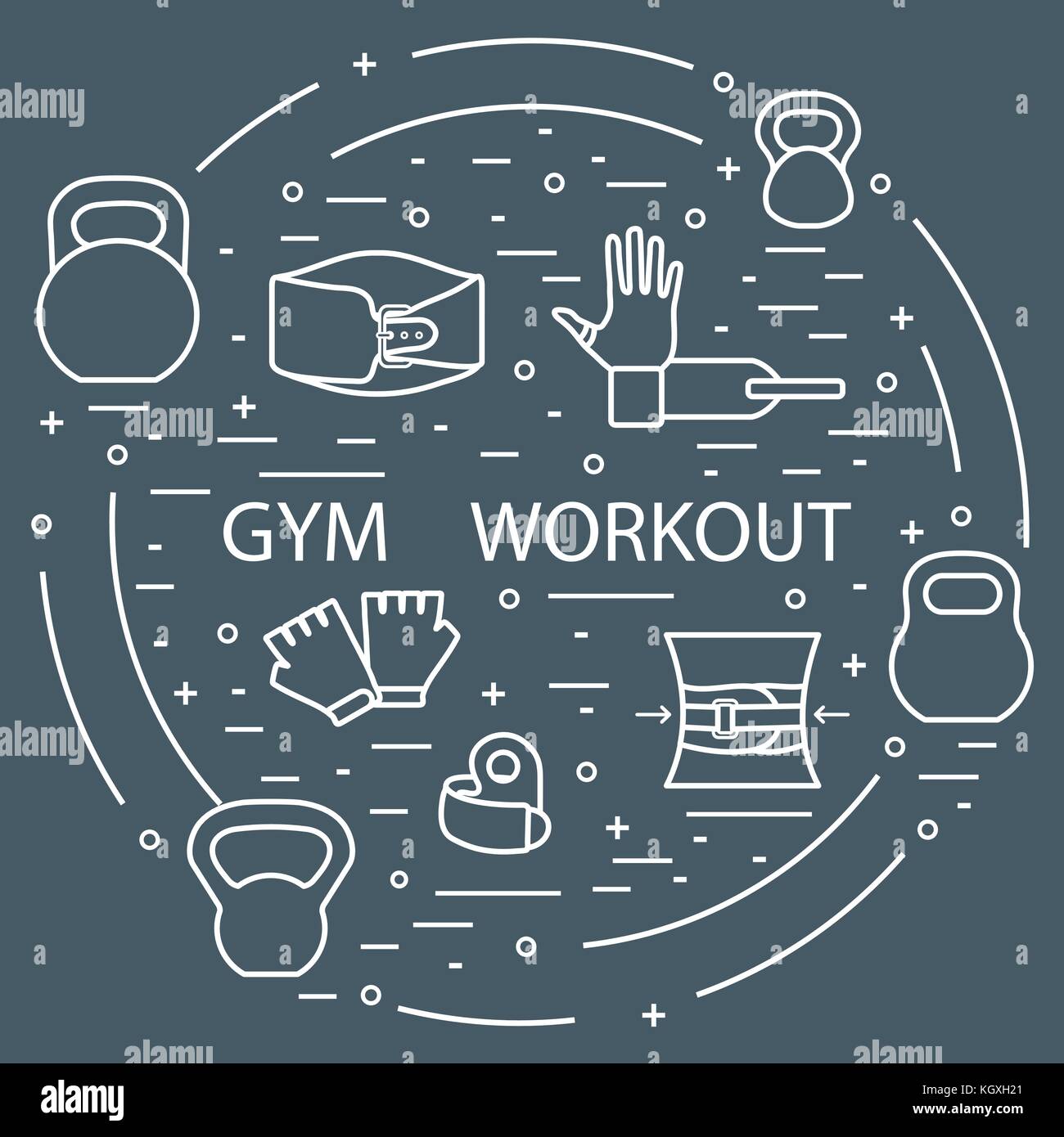 Powerlifting gym workout elements arranged in a circle. Healthy ...