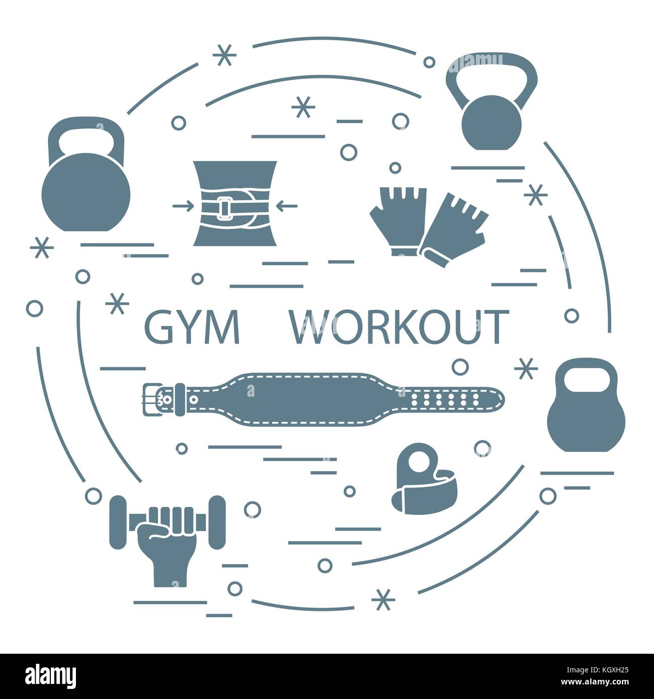 Powerlifting gym workout elements arranged in a circle. Bodybuilding ...