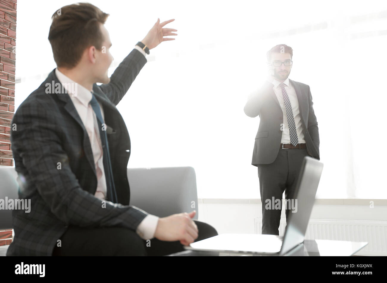 concept of purpose.business background. businessman pointing at the ...