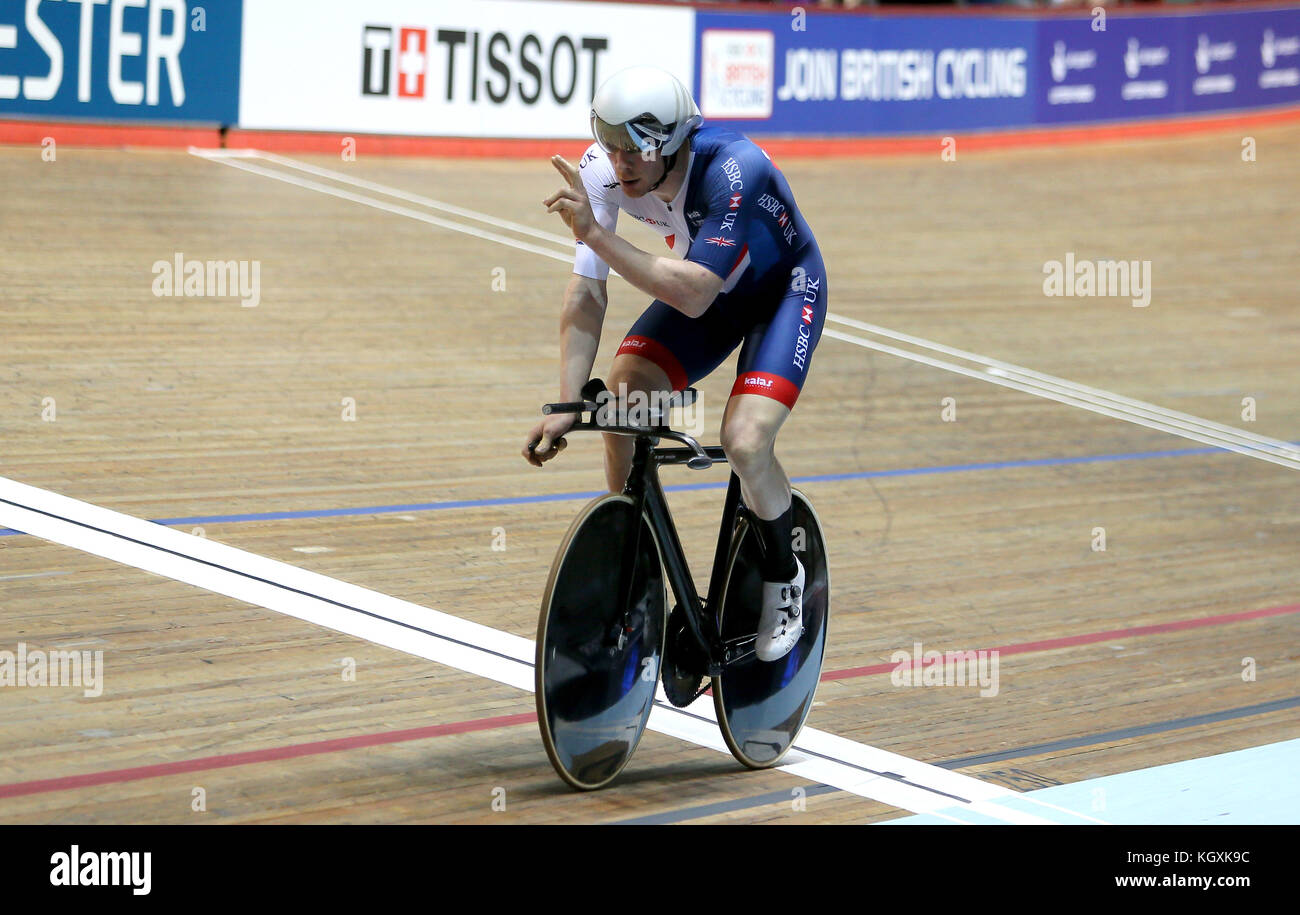 Great Britain team pursuit rider Ed Clancy celebrates during day one of ...
