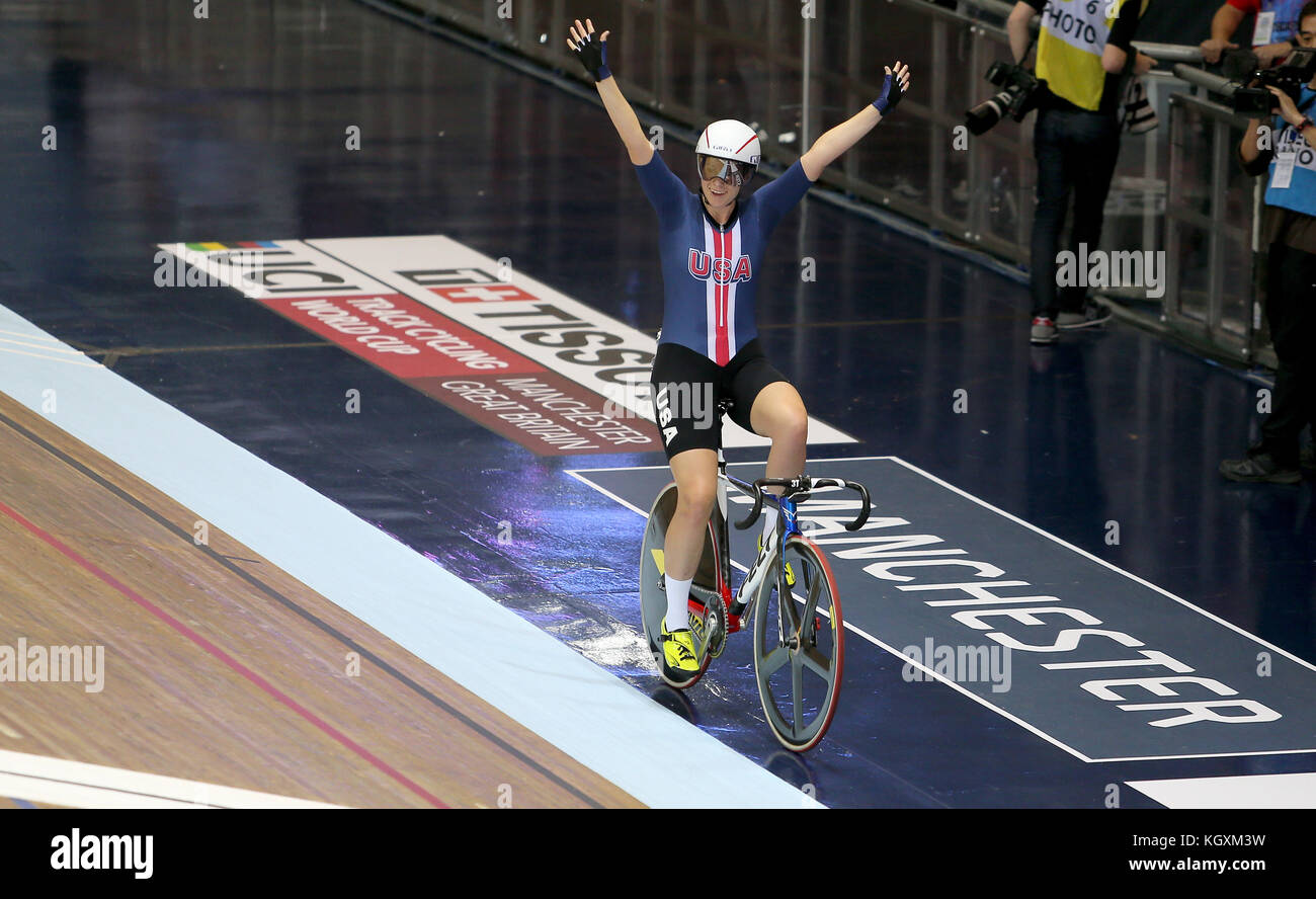 USA's Jennifer Valente wins the Women's Omnium Final points race during day one of the TISSOT ...